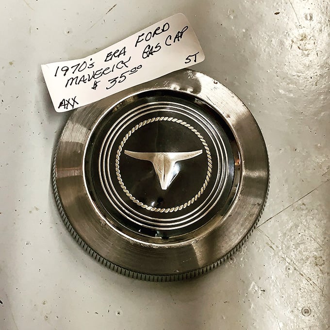 Rev up your nostalgia engines! This 1970s Ford Maverick gas cap is the cherry on top for classic car enthusiasts or steampunk interior designers.
