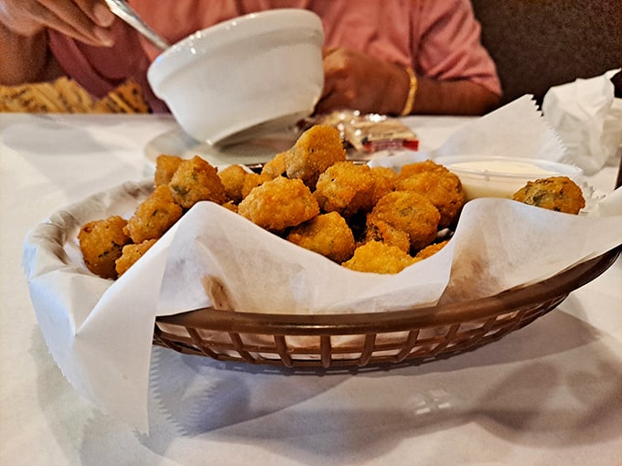 Okra-dokey! These golden nuggets are like the jewels of the deep-fryer. Crispy on the outside, green goodness within!