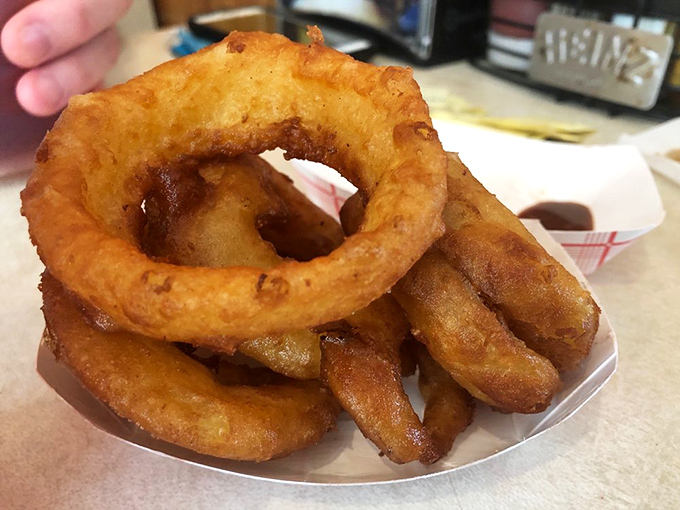 Onion rings so perfect, they could be Olympic medals. Gold medal for deliciousness, anyone?