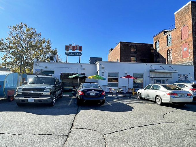 Even the parking lot has character! Who knew asphalt could look so inviting? It's like the red carpet of quirky dining experiences.