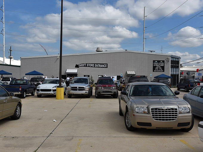Parking lot or time machine launch pad? Each car represents a potential adventure into the world of secondhand wonders. Ready, set, thrift!