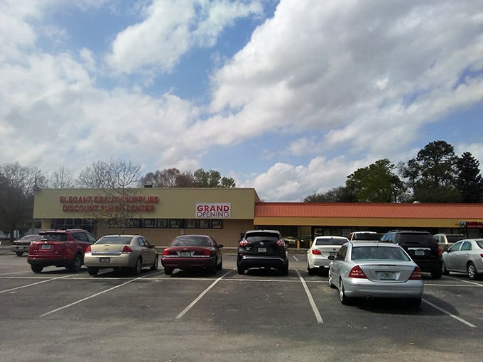 The calm before the bargain-hunting storm. This parking lot is about to become a staging ground for thrift store victories and vintage vehicle spotting.