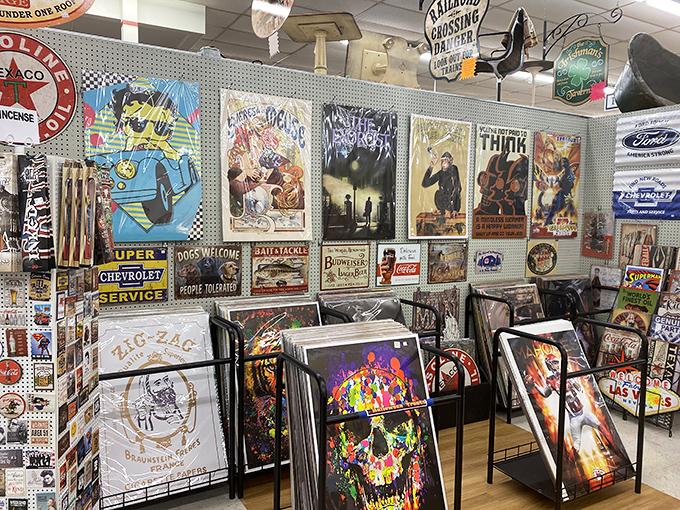 Wall of wonders! This poster paradise is a visual jukebox of pop culture, where every image triggers a memory or sparks a conversation.