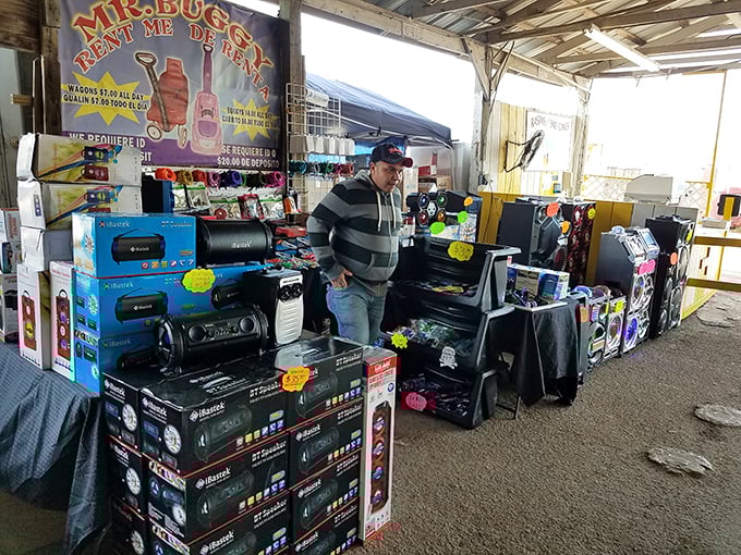 Meet the maestro of market mayhem! This vendor's got more gadgets than Q's lab in a Bond film. Bargain-hunting mission: totally possible.