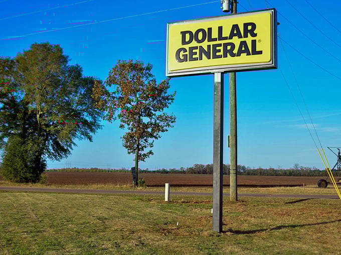 A beacon of bargains! This sign stands tall against the rural backdrop, a yellow lighthouse guiding smart shoppers to shore.