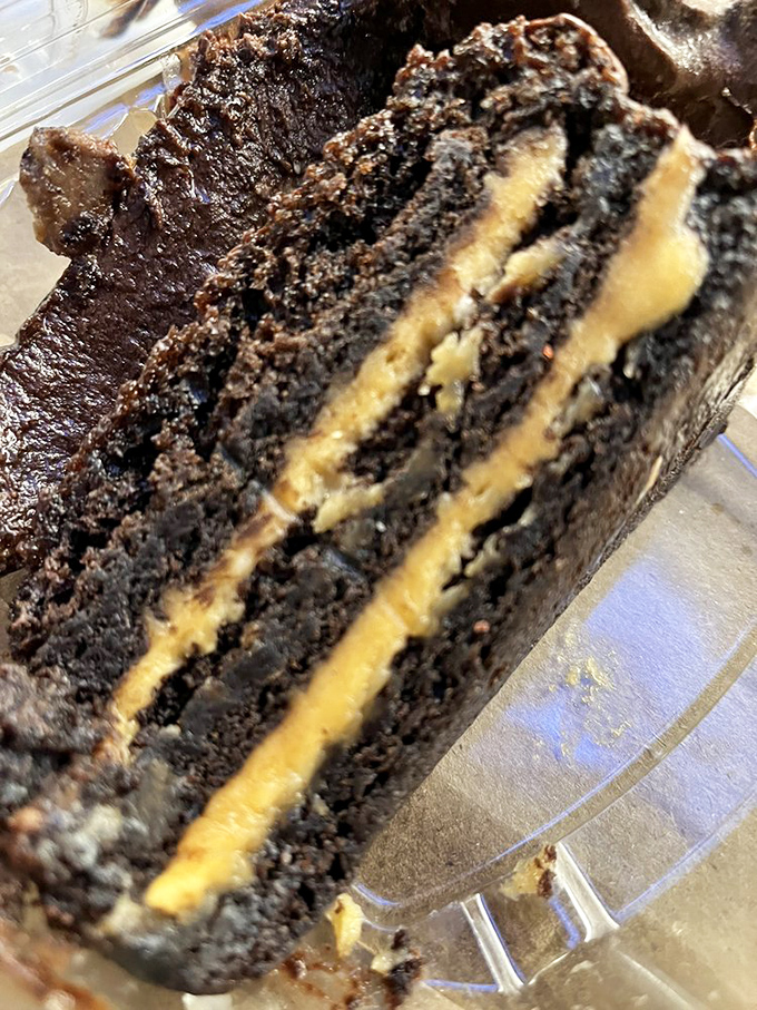 Chocolate lovers, rejoice! This slice of peanut butter fudge is the perfect sweet ending to your seafood saga. Calories? What calories?