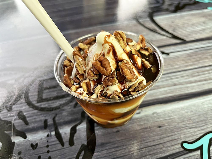 Meet the Turtle Sundae: where ice cream dreams come true. It's a sweet symphony of flavors that'll make you want to slow down and savor every spoonful.