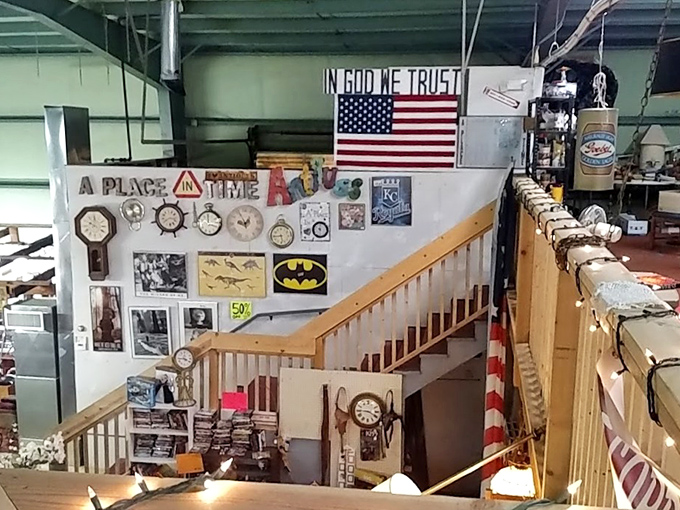 Stairway to heaven for antique aficionados! This descent promises an ascent into the annals of American pop culture, one step at a time.