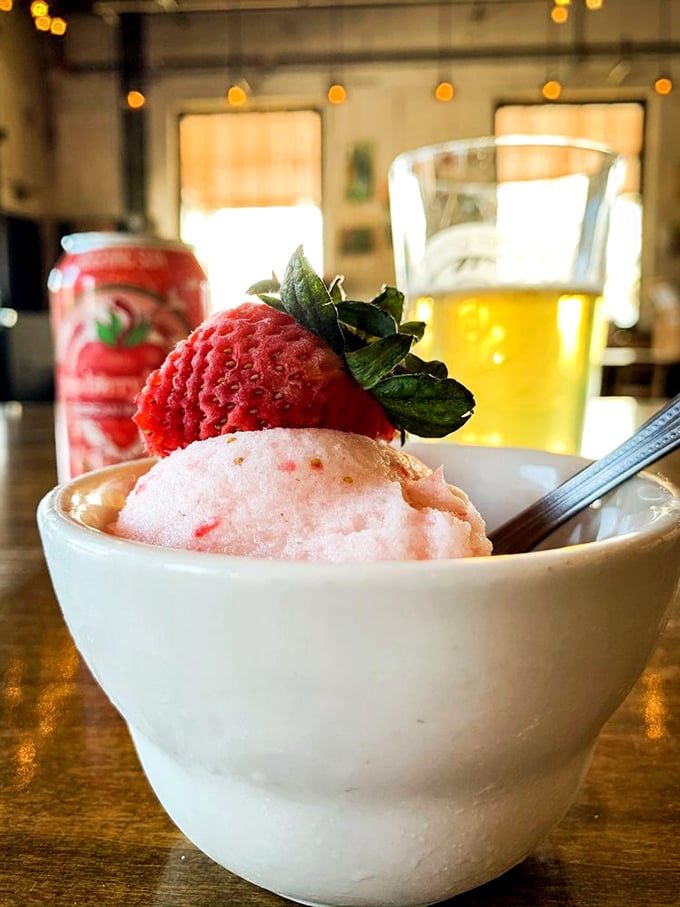 A sweet ending to a savory journey! This strawberry sorbet is like a refreshing kiss goodbye, leaving you with fond memories and a slight food coma.