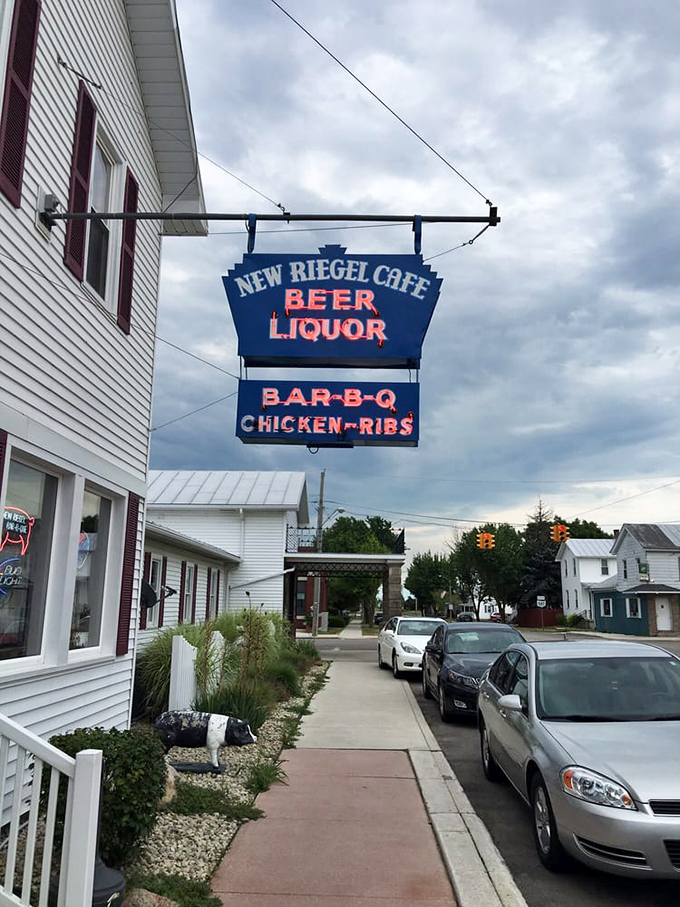 Follow the neon, find nirvana! This sign isn't just advertising; it's a beacon of hope for empty stomachs and adventure-seeking taste buds.