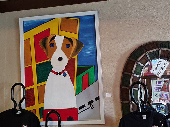 Pup-tastic decor! This whimsical wall art adds a touch of playfulness to the restaurant, proving that BBQ joints can have a sense of humor too.