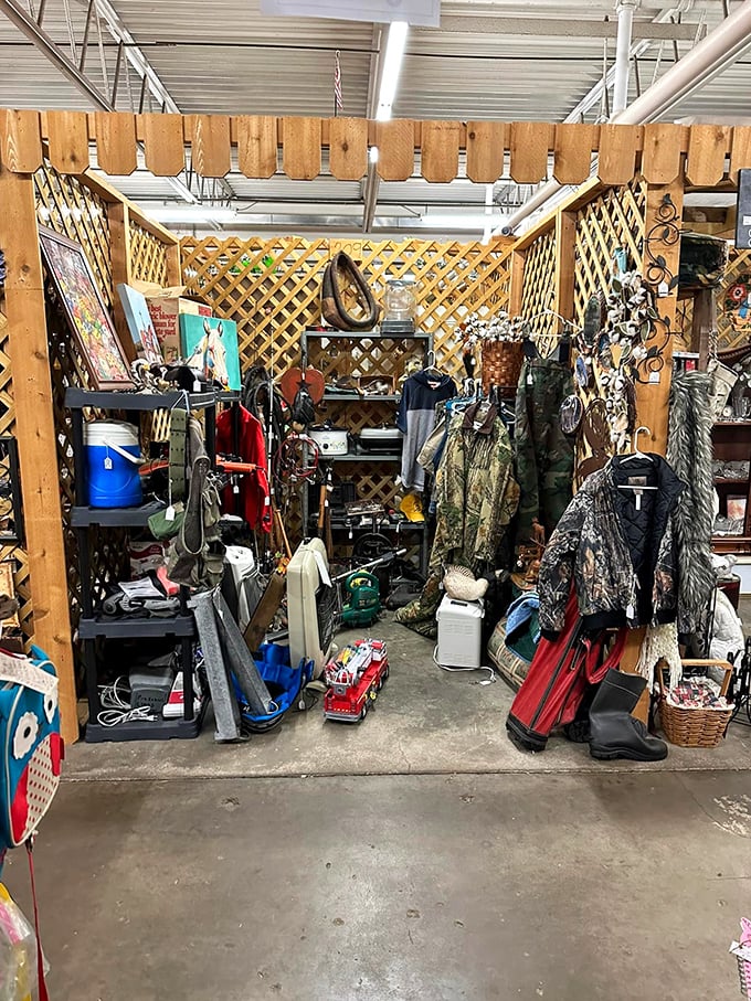 The ultimate man cave starter kit! From camo to coolers, this booth has everything you need for your next "fishing trip."