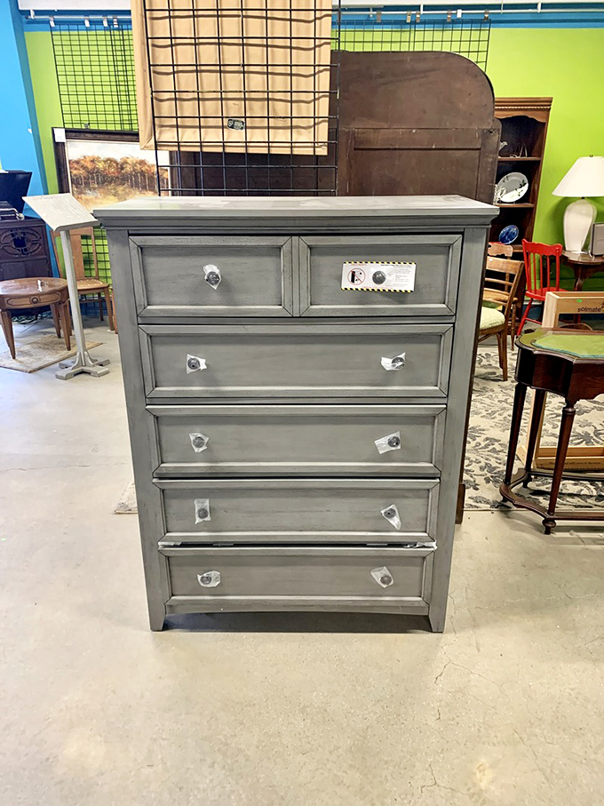 Fifty shades of grey never looked so good! This dresser is ready to organize your life or at least pretend to for the guests.
