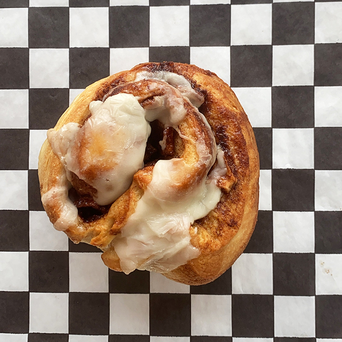 Roll with it, baby! This cinnamon roll is so ooey-gooey and generously frosted, it might just make you forget about pie... almost.
