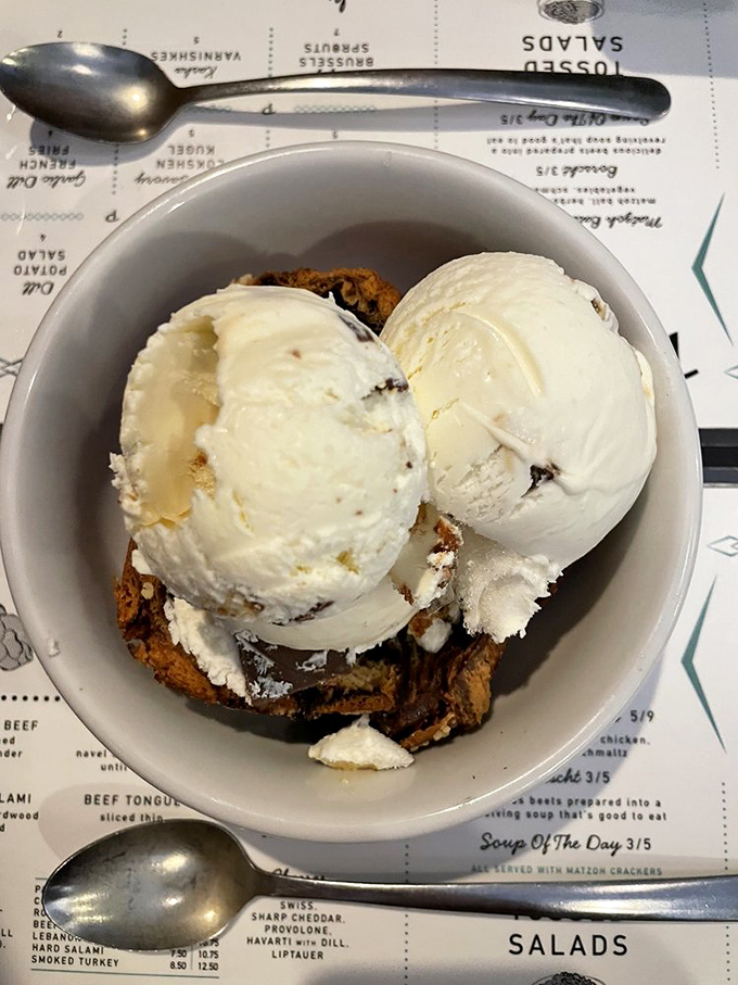 Ice cream atop warm dessert &ndash; the temperature contrast that proves someone in this kitchen understands the meaning of true happiness.