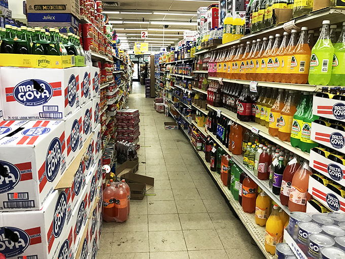 Thirst-quenching rainbow! This drink aisle is a kaleidoscope of flavors, where off-brand sodas rub shoulders with name-brand favorites in colorful harmony.
