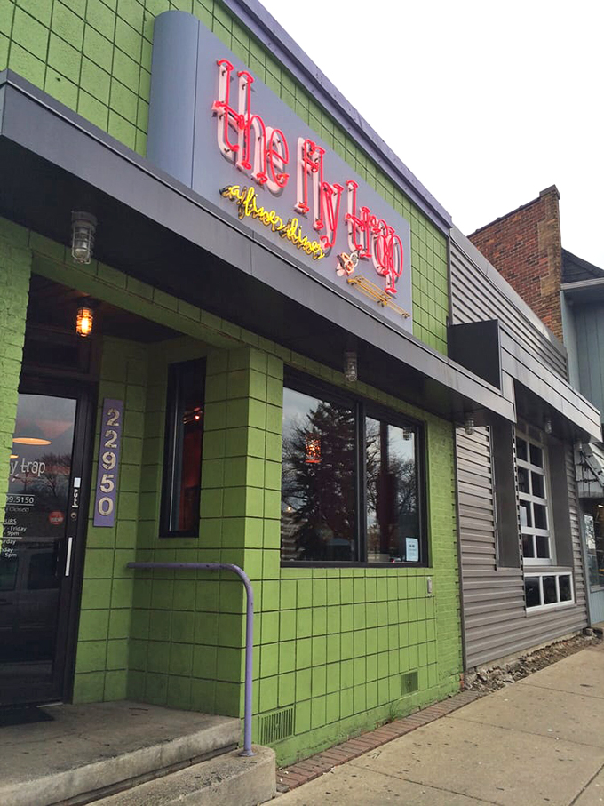 The Fly Trap's lime-green facade: a pop of color that says, "Boring breakfasts, beware!" Your taste adventure starts here, folks!