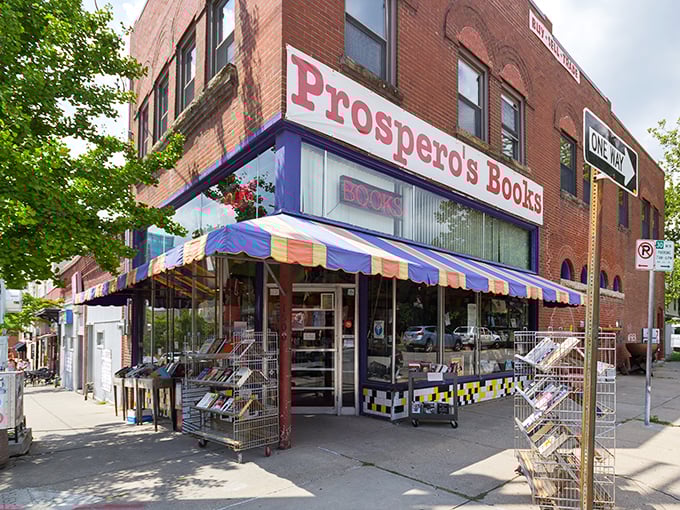 Welcome to paradise, bookworm style! Prospero's colorful entrance is like a warm hug for literature lovers.