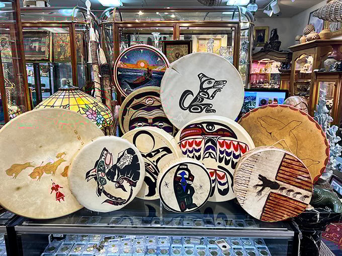 The beat goes on! These drums aren't just musical instruments, they're wearable art that tells stories with every thump.