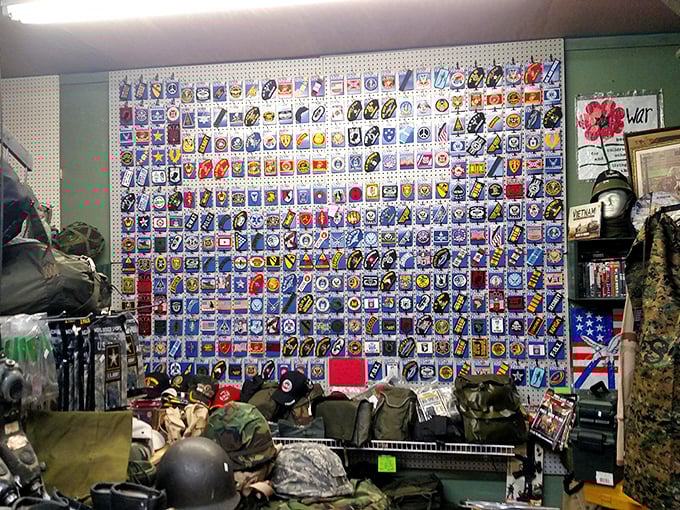 Attention, history buffs and collectors! This military memorabilia wall is like a wearable museum of American service.