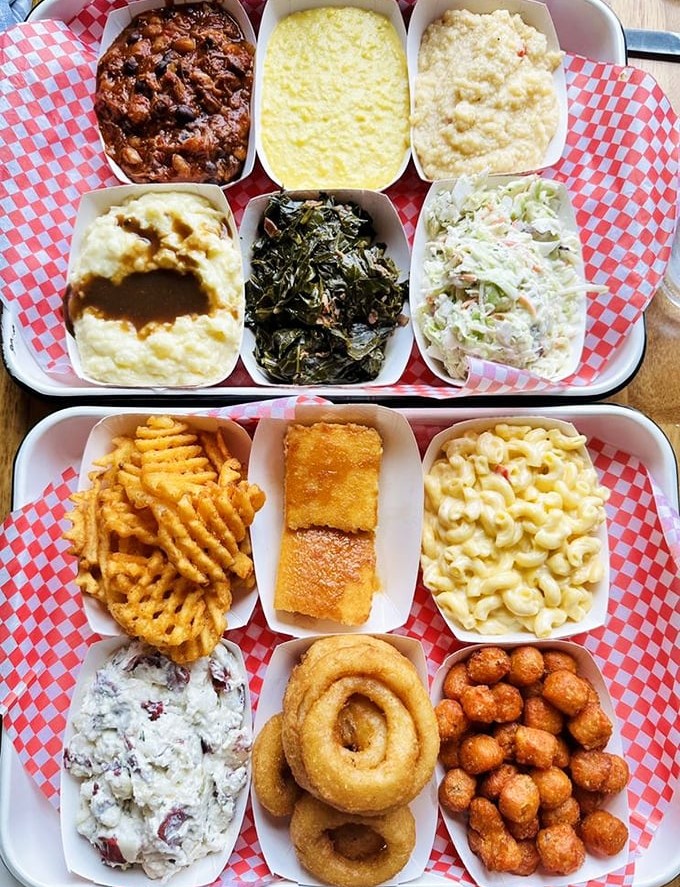 Southern sides that could be meals on their own. Mac and cheese, collards, and cornbread&mdash;the holy trinity of comfort.