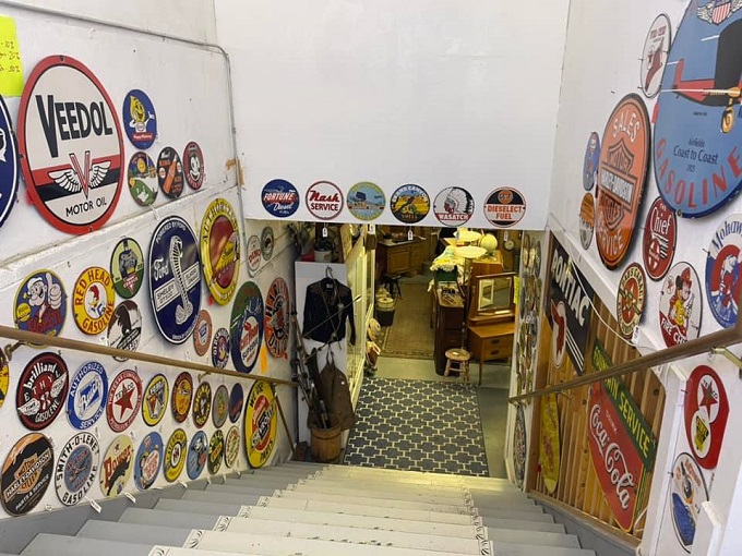Descend into decal heaven! These vintage signs are like a stairway to a bygone era when gas was cheap and slogans were cheesy.