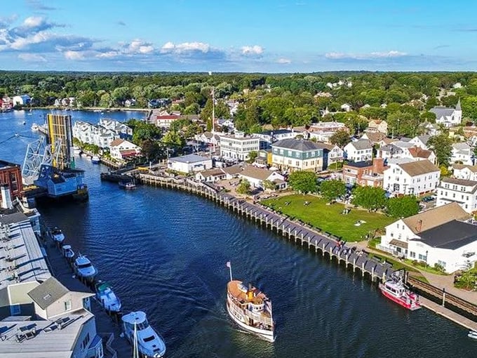Bird's eye bliss! From up here, Mystic looks like the love child of a model train set and a maritime museum. All aboard the charm express!