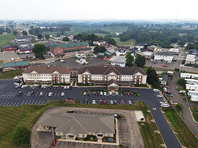 Bird's eye view of foodie paradise! From up here, Berlin looks like a perfectly arranged charcuterie board of Amish country delights. Dive in and savor every morsel!