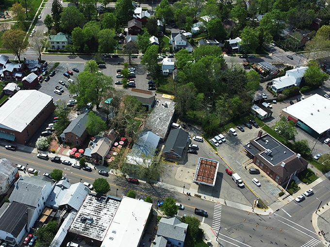 From above, Yellow Springs reveals itself as a perfect patchwork of nature and neighborhood—like someone quilted an ideal community.