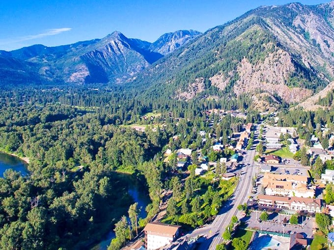 Leavenworth from above: a perfect blend of nature's majesty and human ingenuity. It's like Where's Waldo meets National Geographic!