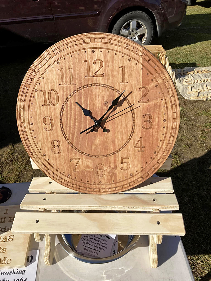 Time literally stands still on this handcrafted wooden clock. Vermont craftsmanship that measures moments rather than merely counting them.