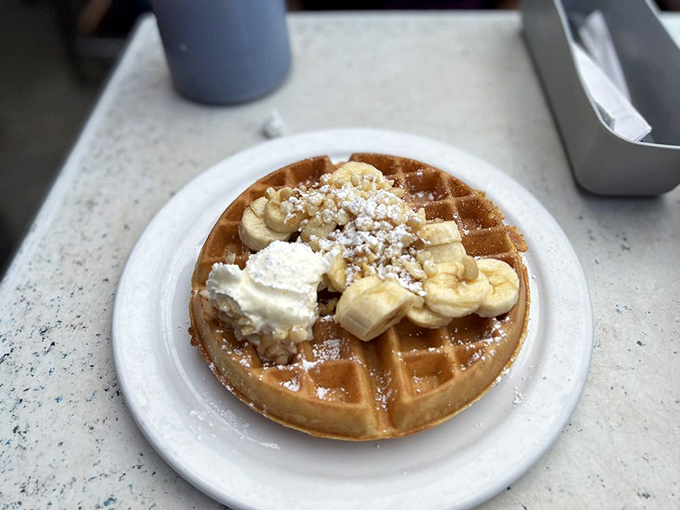 Waffle wonderland! This golden disc of deliciousness is the ideal canvas for your fruity, nutty, syrupy masterpiece.