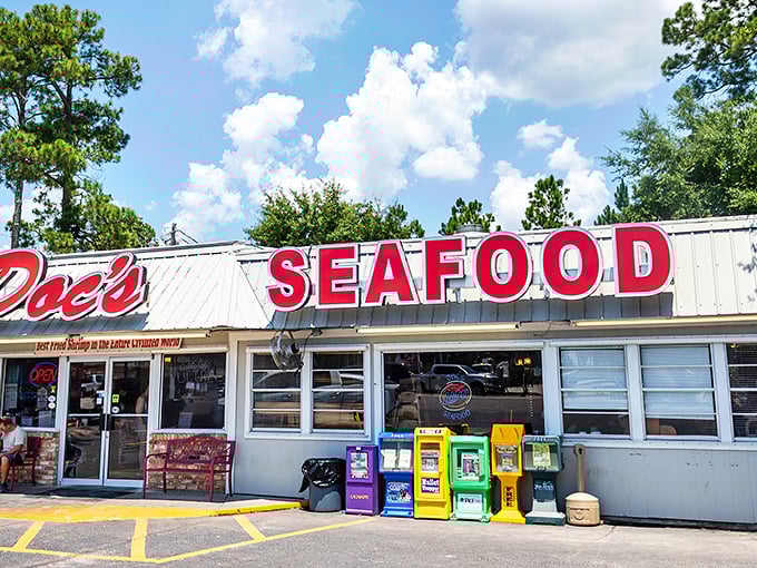 Doc's Seafood Shack: Where neon signs and seafood dreams collide! This place is like a lighthouse for hungry souls, guiding you to fried fish paradise.