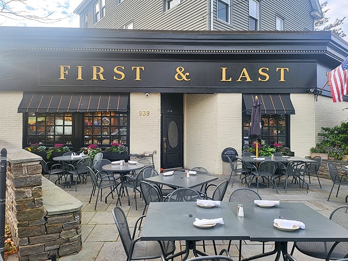 First & Last Tavern: Where pizza dreams begin and end! This cozy patio beckons you to savor a slice under the Connecticut sky.