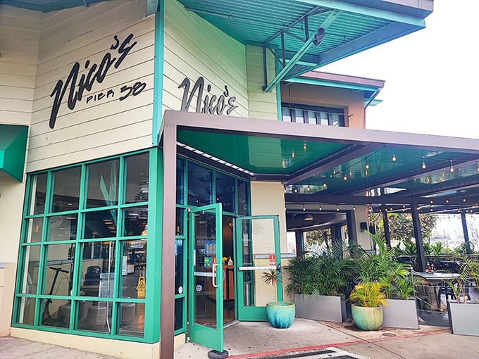 Nico's Pier 38: Where seafood dreams come true! This green-and-white beacon of freshness is like finding an oasis in a desert of mediocre fish joints.