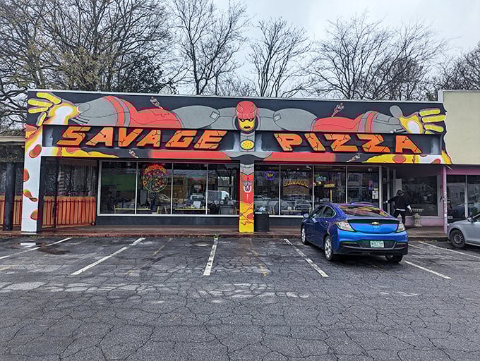 Holy pepperoni, Batman! Savage Pizza's comic book exterior is a feast for the eyes before you even step inside.