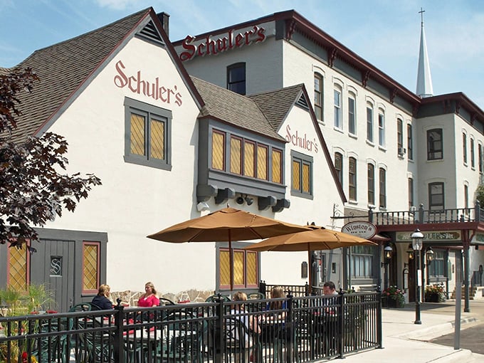 Outdoor dining at Schuler's: Soak up small-town charm with your sirloin. It's like Norman Rockwell painted a steakhouse, but tastier!