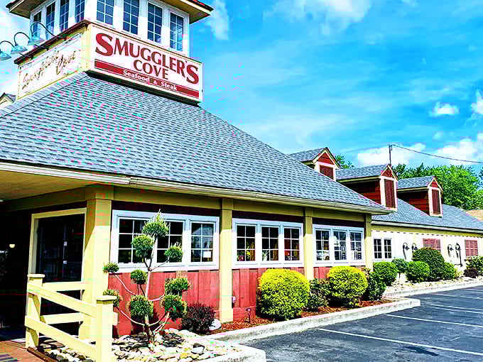 Smuggler's Cove: Where seafood dreams set sail! This cheery yellow beacon of deliciousness looks ready to hoist its culinary Jolly Roger and serve up some swashbuckling flavors.