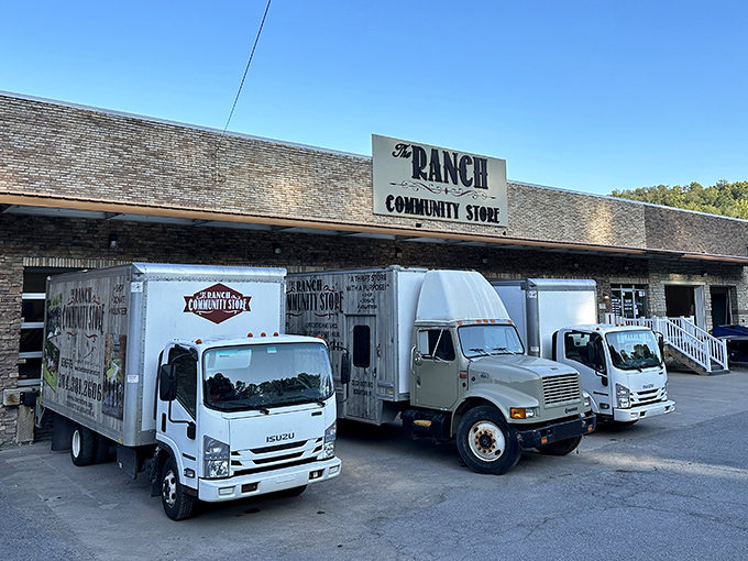 Trucks lined up like eager puppies at a treat dispenser. The Ranch Community Store promises a treasure trove of bargains inside its brick fortress.