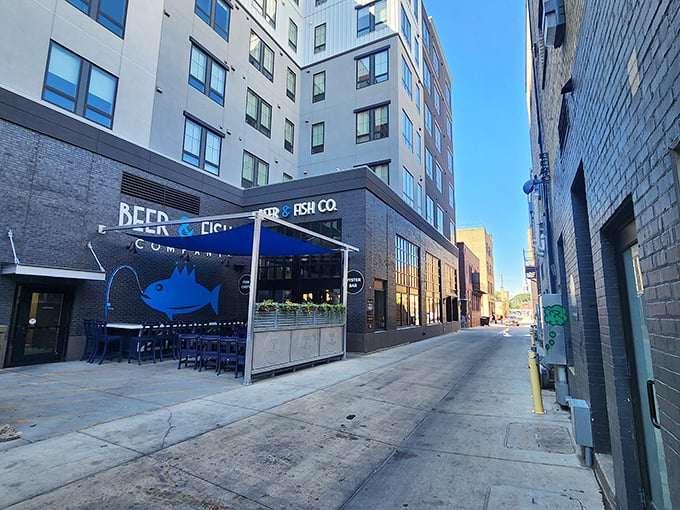 Where prairie meets ocean: Beer & Fish Co.'s sleek design and playful fish mural promise a culinary adventure that's anything but landlocked.