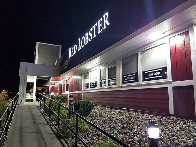 By night, Red Lobster transforms into a beacon of hope for landlocked seafood lovers. It's like finding an oasis in a desert of steakhouses!