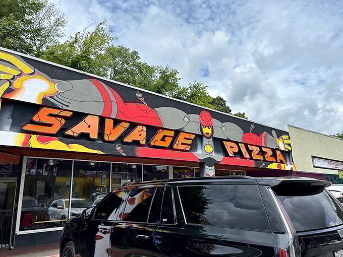 It's a bird, it's a plane, it's... super pizza! Savage's mural makes you feel like a superhero just for ordering lunch.