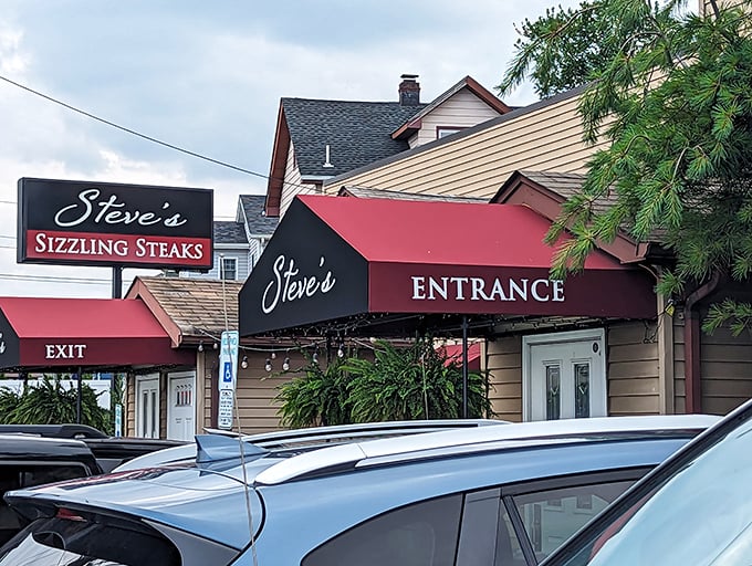 Step into Steve's, where the red awnings promise a warm welcome and the yellow siding screams "We've got nothing to hide!"