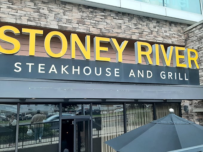 Stoney River's signage glows like a beacon for beef lovers. It's the steakhouse equivalent of a "You Are Here" sign on the map to flavor town.