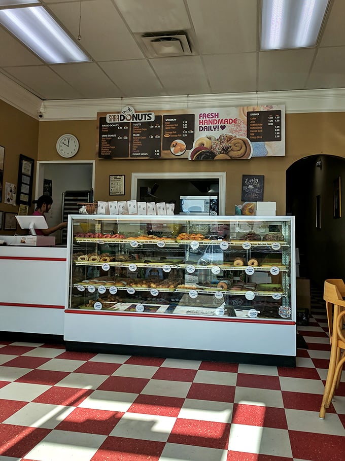 Step into a time machine of taste! The classic checkered floor sets the stage for a donut adventure that's anything but old-fashioned.