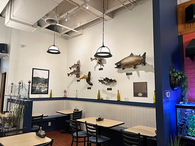 Step inside and you're transported to a coastal haven. Those mounted fish? They're practically winking at you!