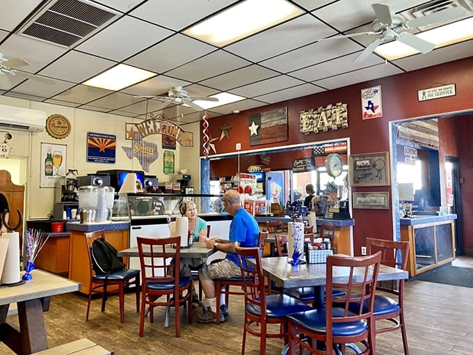 Step into a time machine of taste! The interior's a museum of Americana where every artifact tells a delicious story.