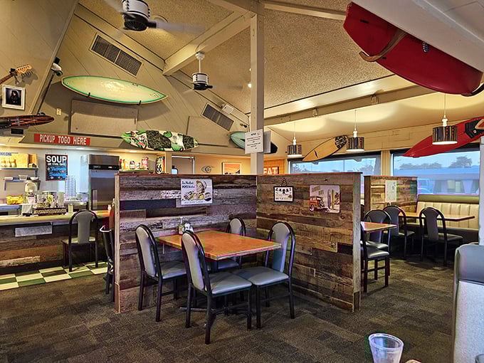 Surfboards and rustic wood? This diner's got more personality than a sitcom ensemble cast.