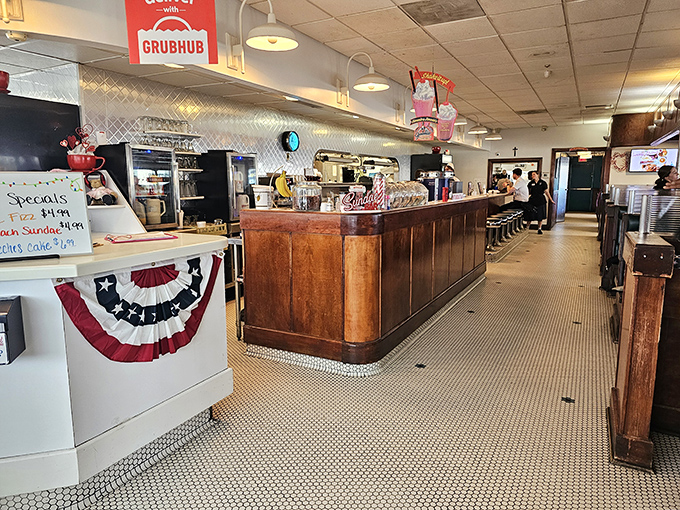 Welcome to waffle wonderland! The classic diner interior at Jimmie's is where 1950s charm meets 21st-century appetites.