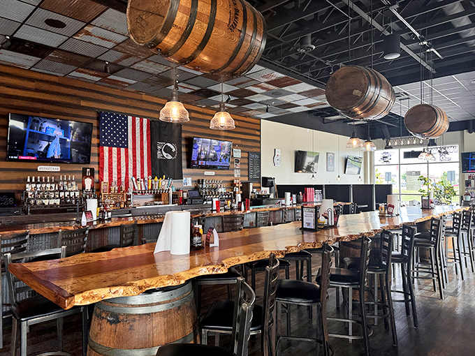 Step into BBQ heaven: Where wood barrels become chandeliers and the American flag waves you towards meaty delights.